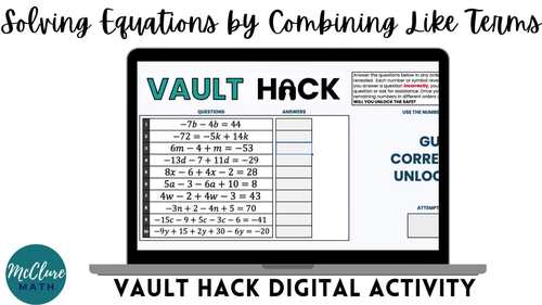 Solving Equations by Combining Like Terms Vault Hack Self-Checking Activity