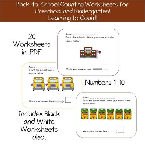 Back to School Theme Counting Worksheets Preschool PreK Kindergarten