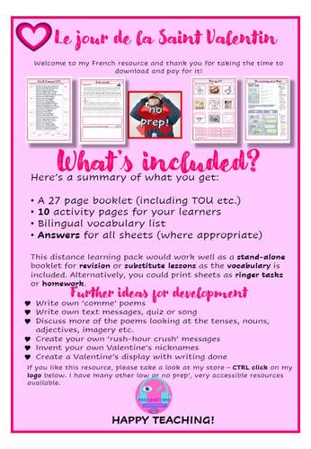 FRENCH FSL Valentine's Day Work Packet 3 La Saint-Valentin | TPT