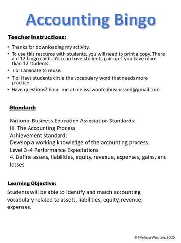 Accounting Chapter 1 Bingo Game| Grade 9-12 Vocab Review | TPT