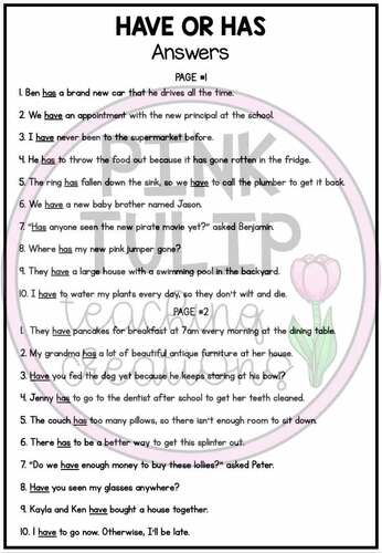 Have or Has Grammar Worksheets by Pink Tulip Teaching Creations | TPT