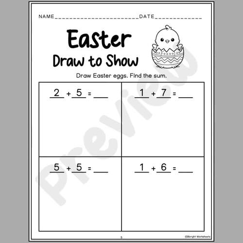 Easter Draw to Show Addition Within 10 Worksheets for Grade K - 1 No Prep