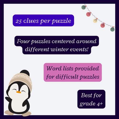 Bundle! 4x Winter-theme crossword puzzles (U.S. audience). Grade 4+!