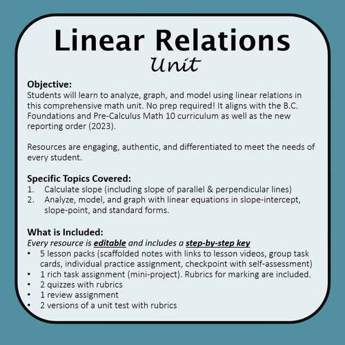 Linear Relations Unit | Engaging, Differentiated, Hands-On | Math 10