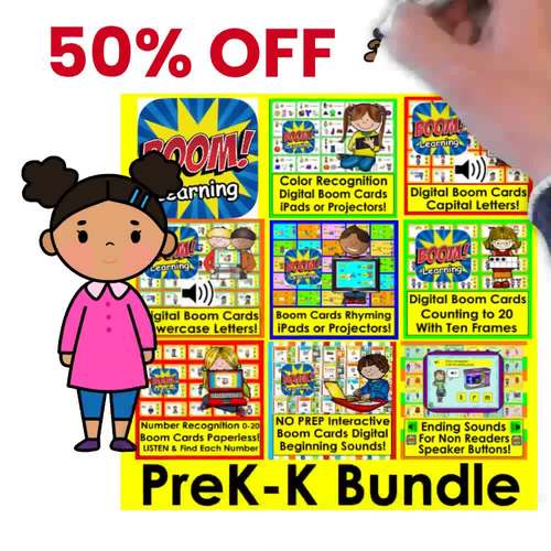 50% OFF Boom Cards Bundle PreK Kindergarten Letters Numbers Colors Rhymes