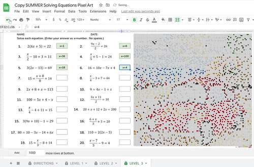 Digital Pixel Art Solving One Two Multi Step Equations | Summer Algebra 1
