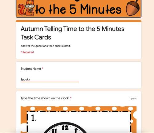 Autumn Telling Time to the Nearest 5 Minutes Task Cards for 3rd Grade Math