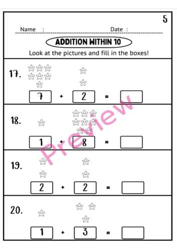 Addition with Pictures Sum up to 10 Worksheets - Adding Starfish Pictures