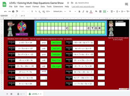 Google Sheets Digital Game Show Solving MultiStep Equations by Algebra ...