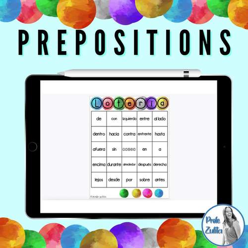 Lotería BINGO Game | Spanish prepositions practice by Profe Zulita