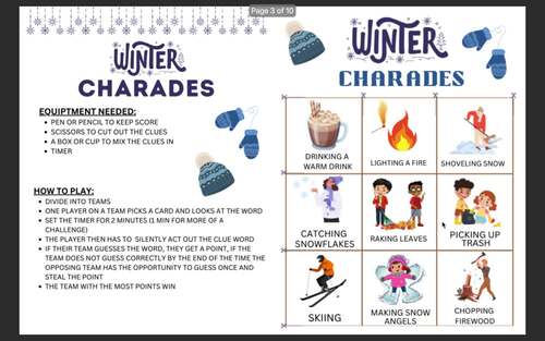 WINTER CHARADES, winter activity, winter game, family game, printable game