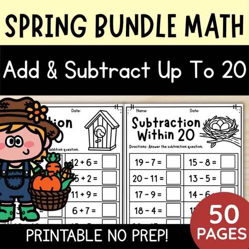 Spring Math Bundle: Addition and Subtraction to 20 Worksheets | 1st ...