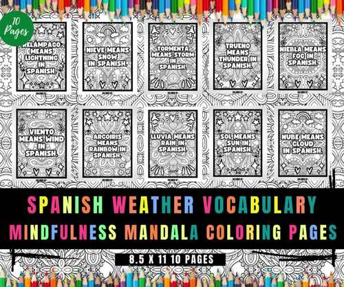 Spanish Vocabulary Weather Coloring Pages, Printable Pages, No Prep
