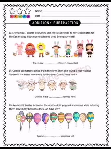 Easter Math Word Problems: Addition and Subtraction Worksheets (up to 20)