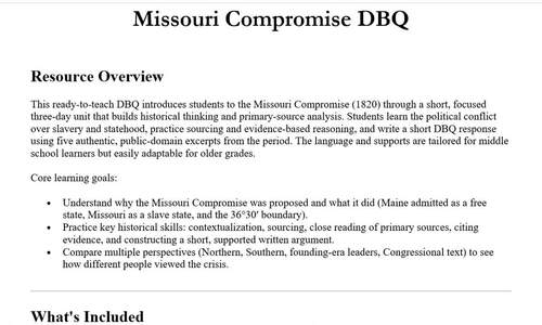 Middle School Missouri Compromise DBQ by PBL History & Civics | TPT