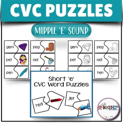 Short 'E' Vowel CVC Word Puzzles | Color & Black-and-White | Phonics ...
