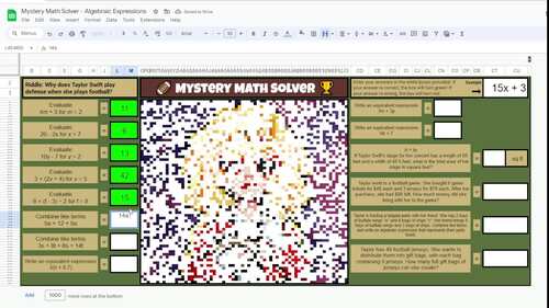 Taylor Swift / Super Bowl - Algebra Expressions - Math Activity - Pixel Art