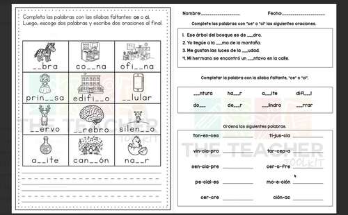 Sílabas Ce - Ci: Hojas de Trabajo y Actividades de Ortografía | TPT