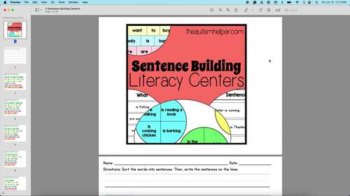 4 Sentence Building Literacy Centers for Special Education | TPT