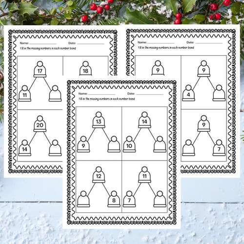 Winter Number Bonds 1-20 | Winter Cap Number Bonds Worksheets | TPT