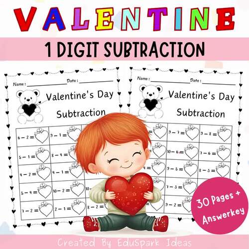 Valentine's Day Subtraction Worksheets for Kindergarten and Grade 1