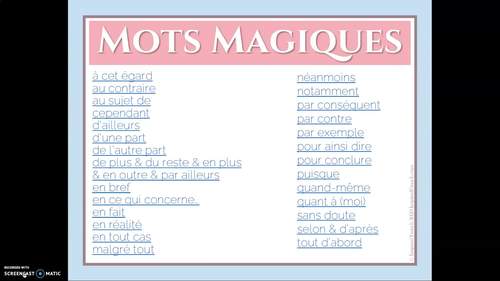 Mots magiques / Magic words for transitions, sequences, elaborations ...