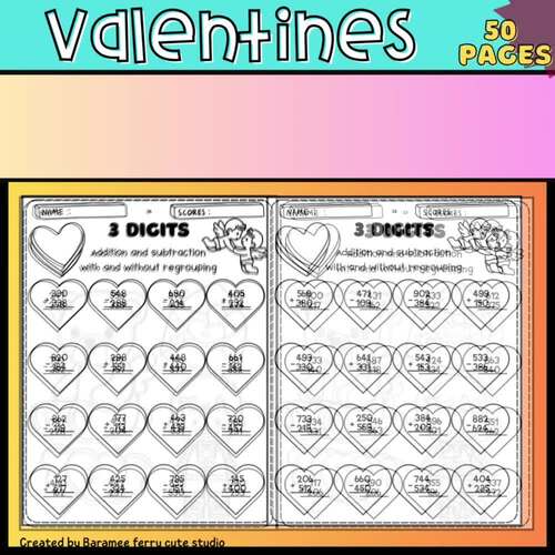 Valentine's Day Math 3 Digit Addition and Subtraction With & Without ...