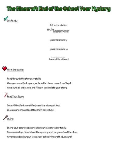 Minecraft End of School Year Reading Fill In Blanks Questions ELA June ...
