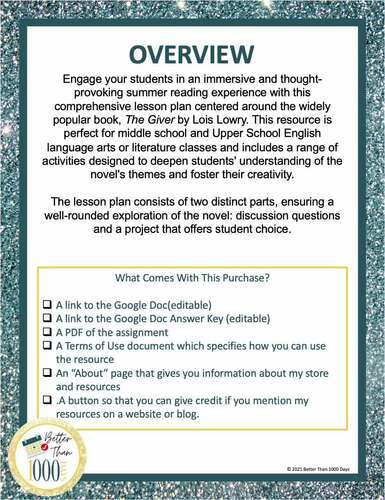 The Giver by Lois Lowry Summer Reading Assignment Questions and Project