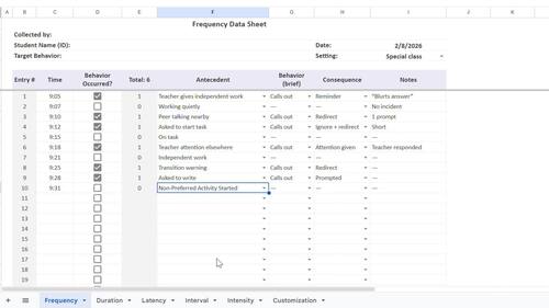 Single Target Behavior Data Spreadsheet Frequency Duration Latency Interval