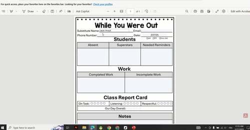 Editable Substitute Teacher Note Template by Creative Kids Corner Store