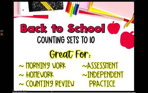 Counting Sets to 10 Back to School Theme Worksheets | TPT