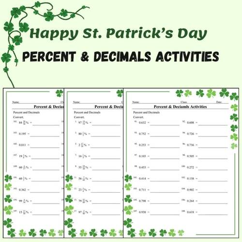 Percent & Decimals (Conversions) Activities St Patrick's Day Math Worksheet