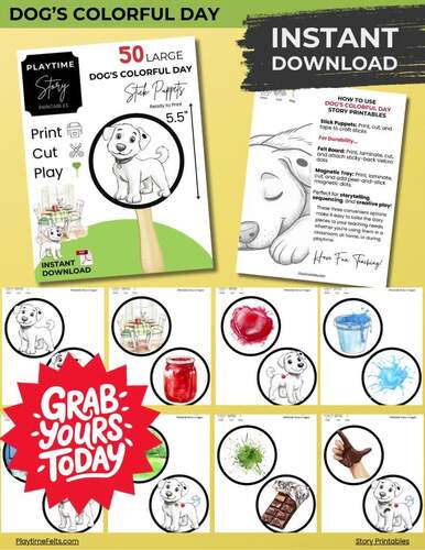 Dog's Colorful Day | Storytelling Printables | Stick Puppets, Story Props