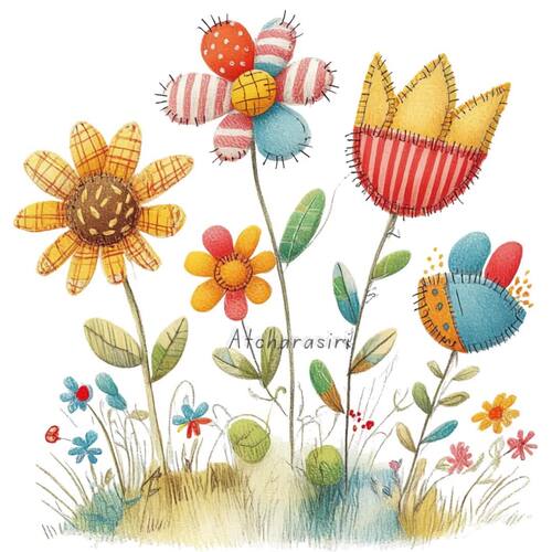 Whimsical Flower Patchwork Clipart Set of 16 PNG Colored Pencil Style ...