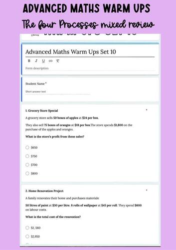 Year 5/6 Advanced Maths Warm Ups - Mixed Four Processes - Self-Grading