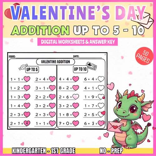 Valentine Addition Worksheets | Up to 5 & Up to 10 | No Prep Math ...