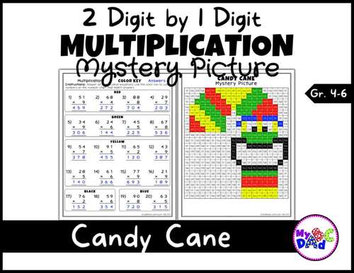 2 Digit by 1 Digit Multiplication Mystery Picture Candy Cane | TPT