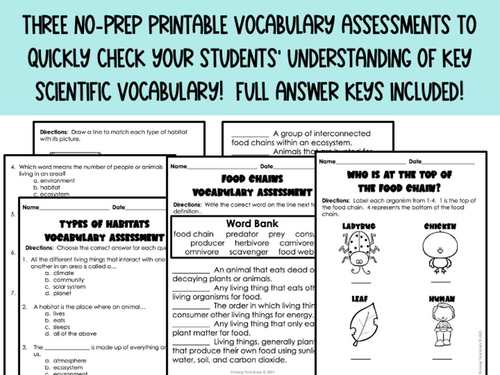 Science Vocabulary Assessments | Habitats Food Chains | Quiz Test Review
