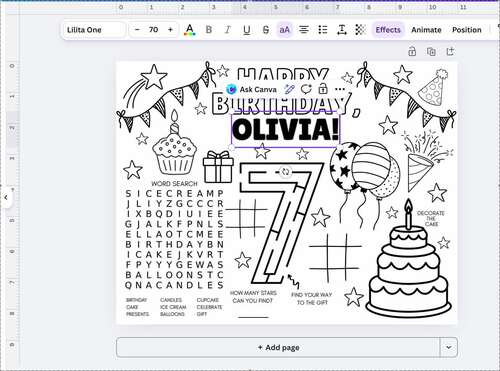 Personalizable 7th Birthday Coloring Page: Editable Birthday Placemat