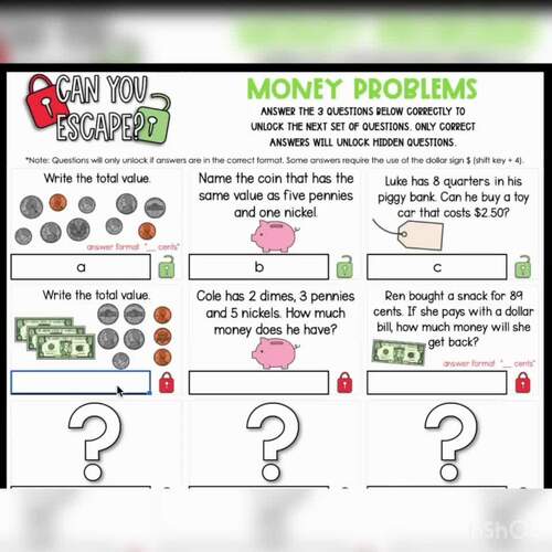 2.MD.8 Counting Money Digital Escape Room | Money Word Problems Digital ...