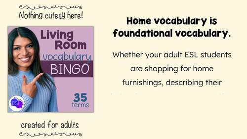 Adult ESL Living Room Vocabulary Bingo Game | Home Words with Photos