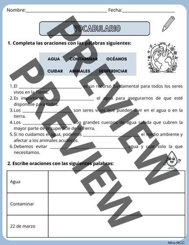 Lectura, vocabulario y escritura Día Mundial del Agua - World Water Day ...