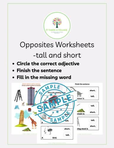 Opposites Worksheets-Tall and Short-select and label | TPT