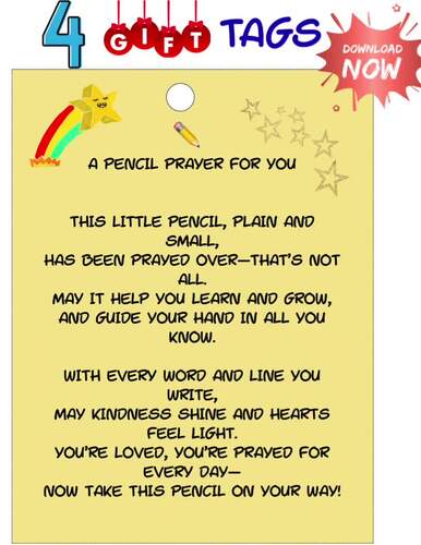 Back to School Pencil Prayer Gift Tag Printable Christian Gift Tag ...