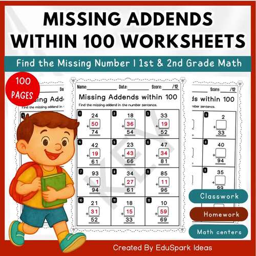 Missing Addends within 100 Worksheets | Find the Missing Number | 1st ...