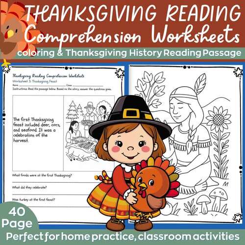 Thanksgiving Reading Comprehension Worksheets for Kids with Coloring Pages