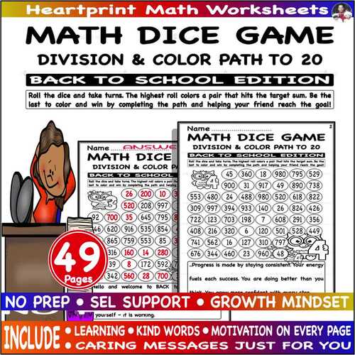 Race to 20 Division math dice game to color parth Start Fast Set Brain ...