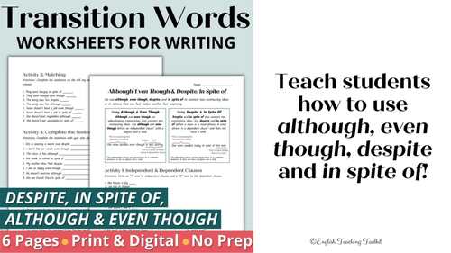 Adult ESL Transition Words Grammar Worksheets for Writing - Although ...