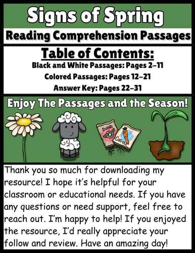 First Grade Spring Reading Comprehension Passages | ELA Worksheets ...